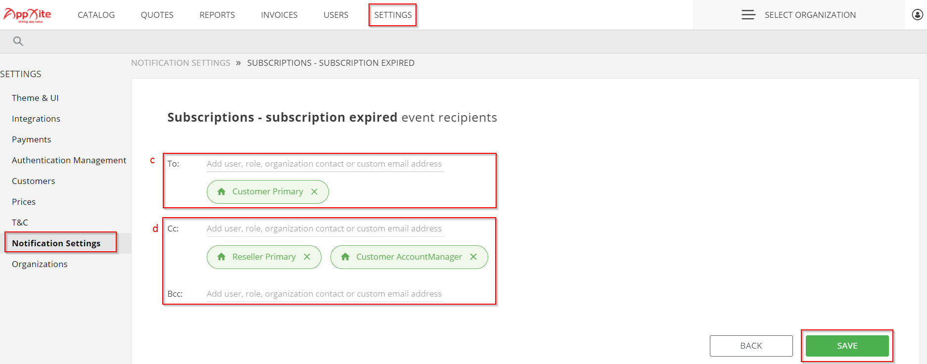 Notification settings – AppXite